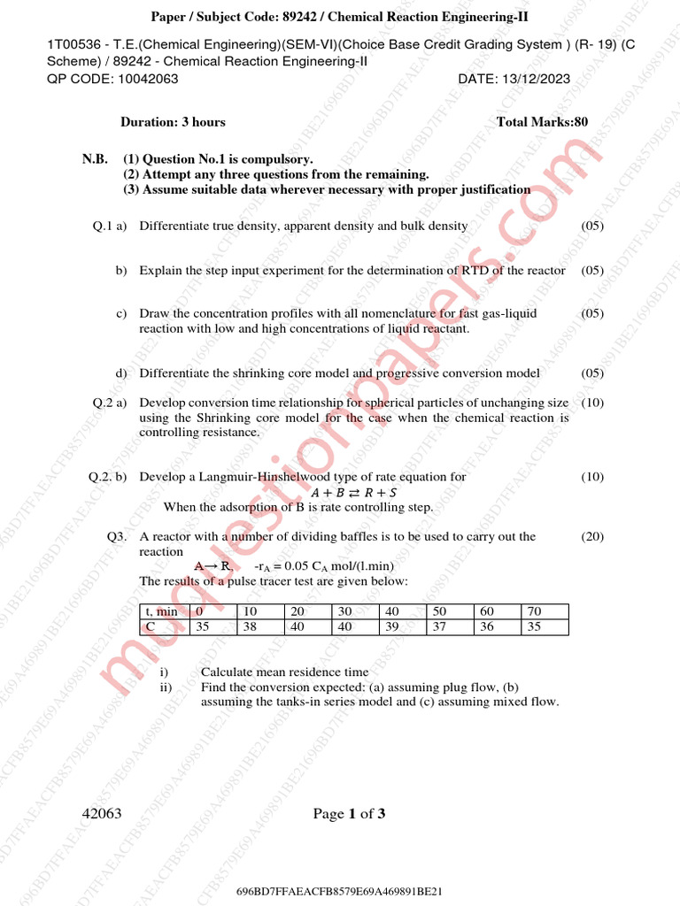 Be Chemical Engineering Semester 6 2023 December Chemical Reaction Engineering Iirev 2019 C ...