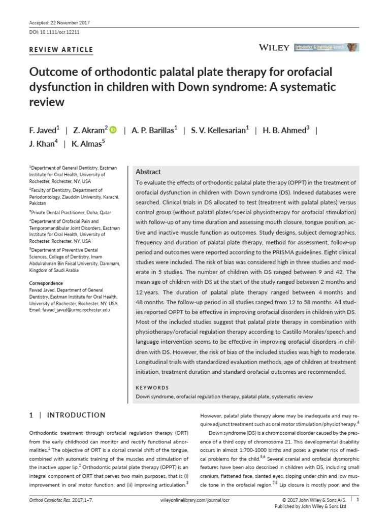 Outcome of Orthodontic Palatal Plate Therapy For Orofacial Dysfunction ...
