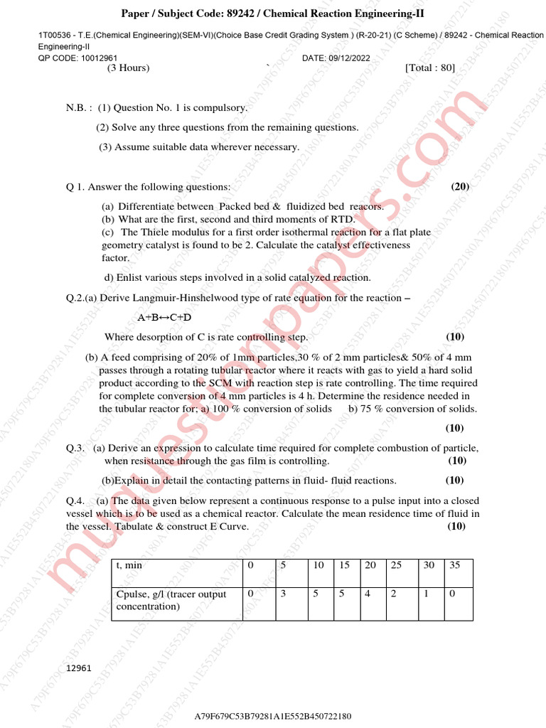 Be Chemical Engineering Semester 6 2022 December Chemical Reaction ...