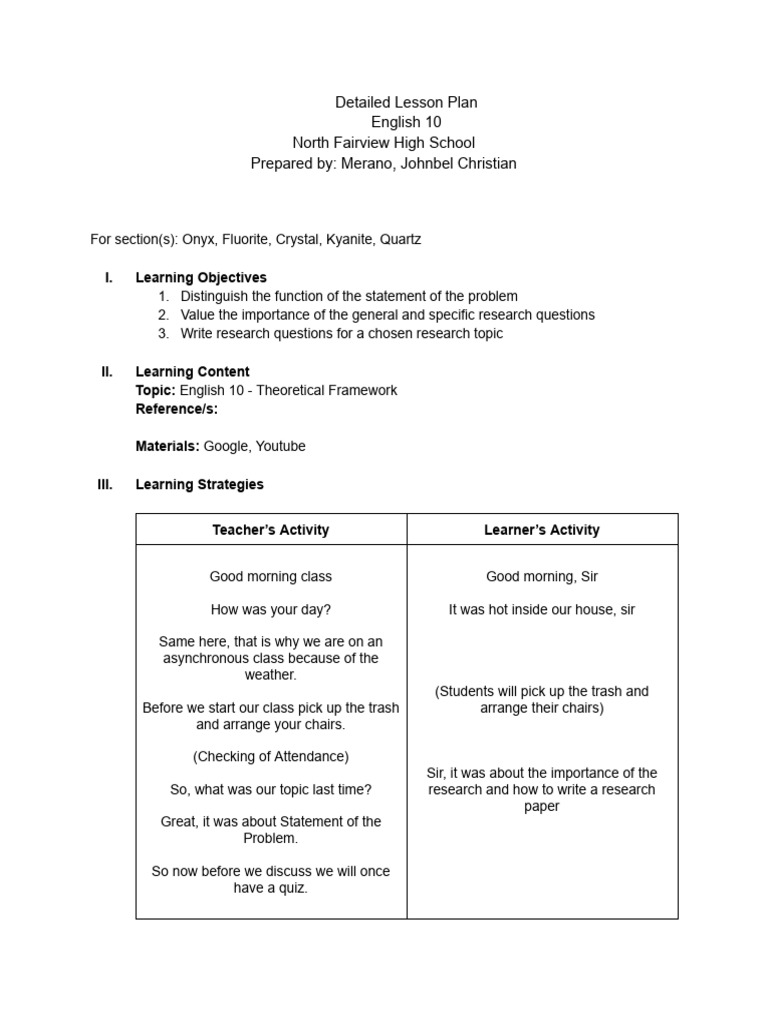 Detailed Lesson Plan (Statement of The Problem) | PDF | Theory | Lesson ...