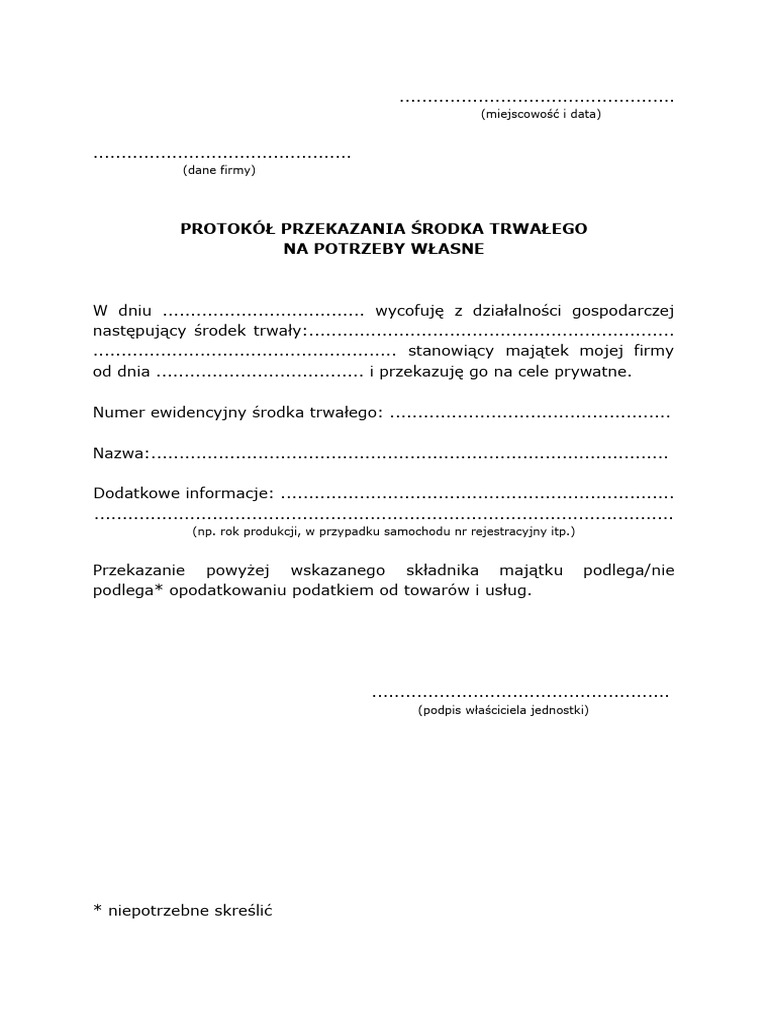 Protokol Przekazania Srodka Trwalego Wzor | PDF