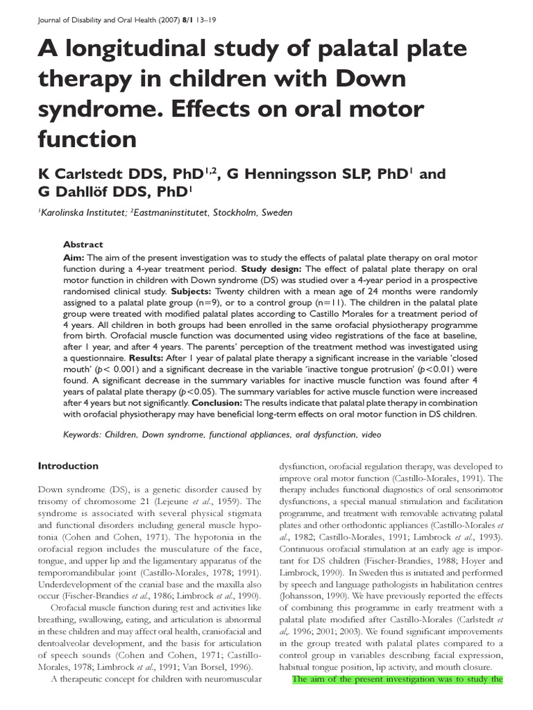 Palatal Plate Therapy in Down Syndrome | PDF | Mann–Whitney U Test ...