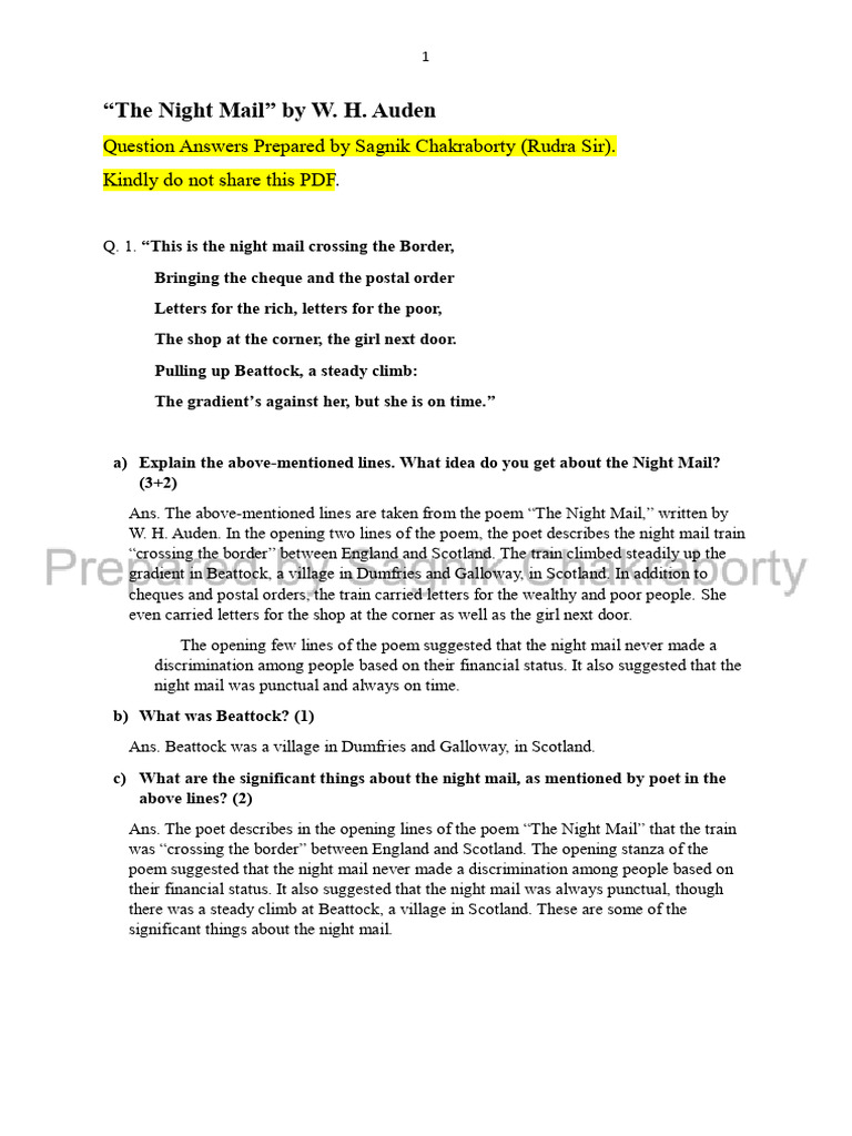 Night Mail Poem Q&A for Class 9 | PDF