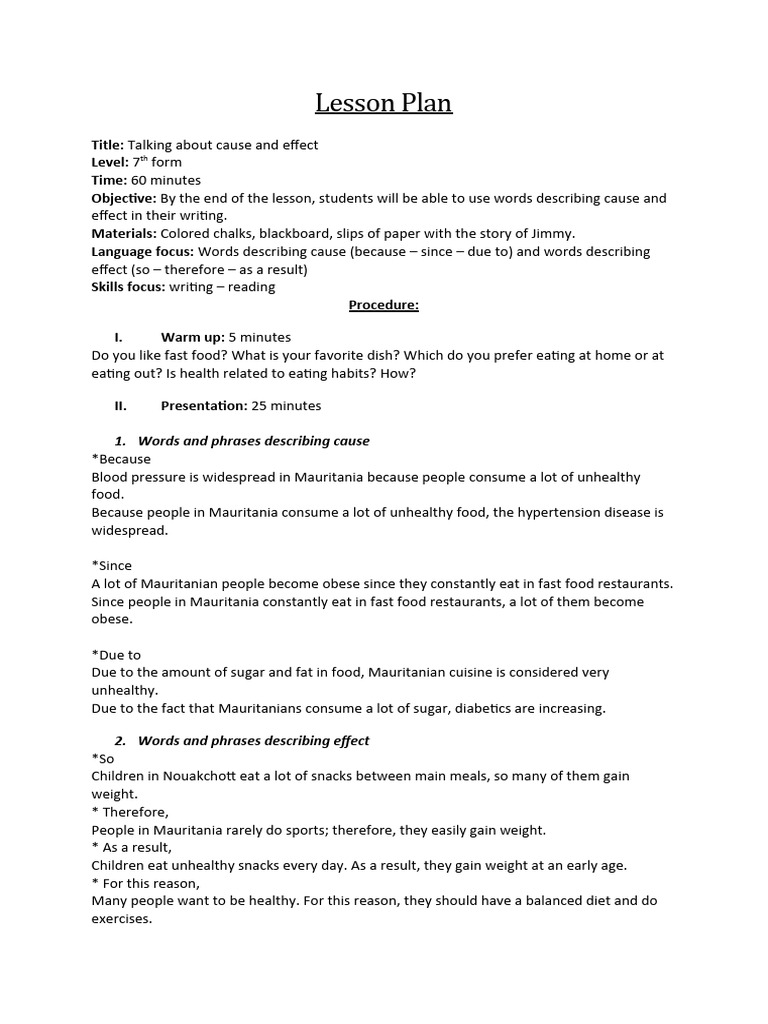 7th Grade Cause & Effect Lesson | PDF | Obesity | Mauritania