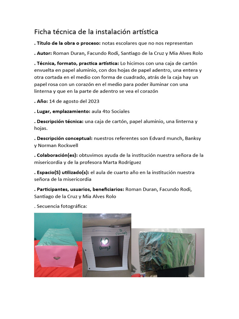 Ficha Técnica de La Instalación Artística 4to Sociales | PDF | Ciencias ...