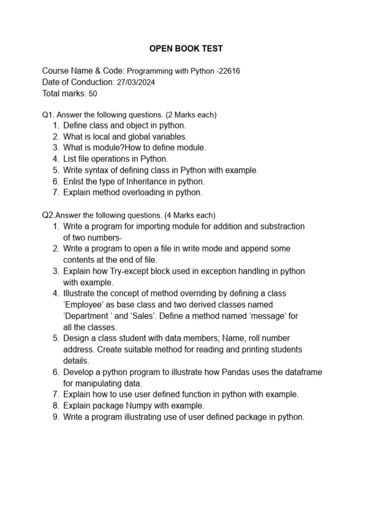 Python Programming Open Book Test | PDF