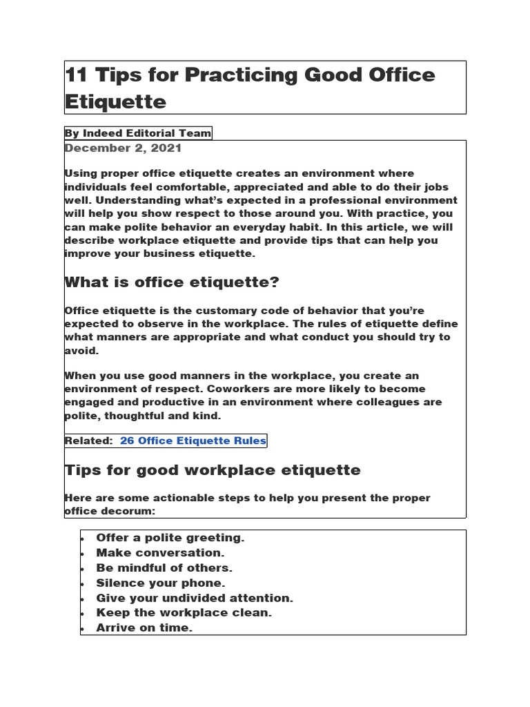 Essential Office Etiquette Tips | PDF | Body Language | Etiquette