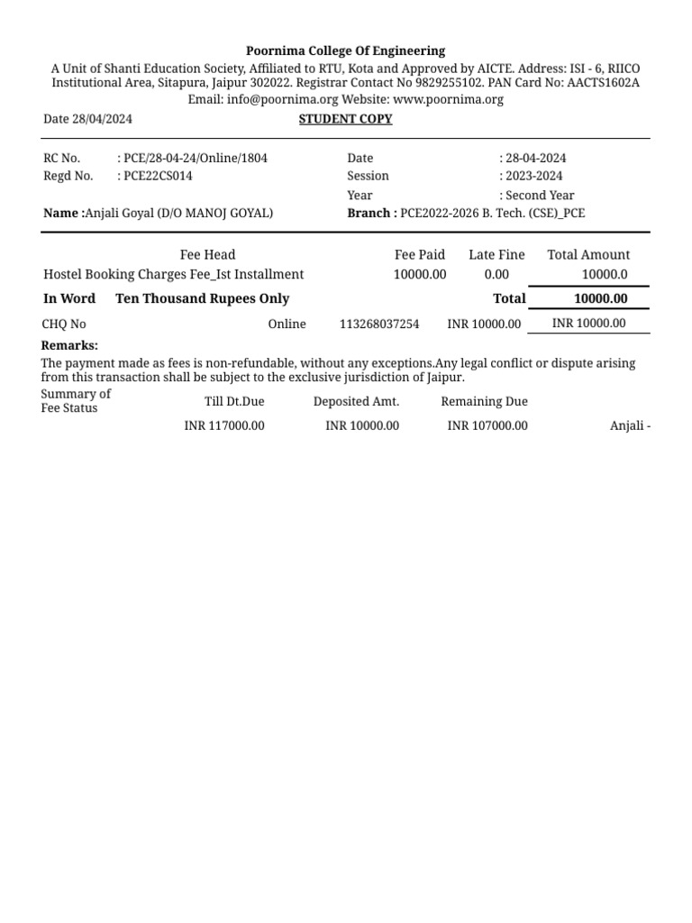 Poornima College Fee Receipt 2024 | PDF