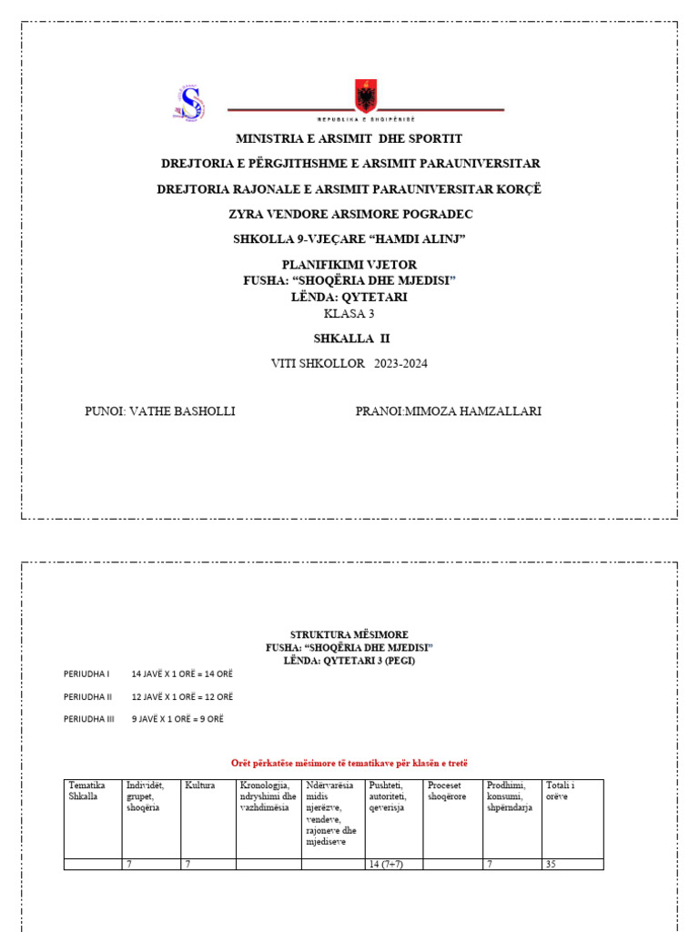 Plani Qytetari 3 Pegi 2022-2023 Javet 14-12-9 | PDF