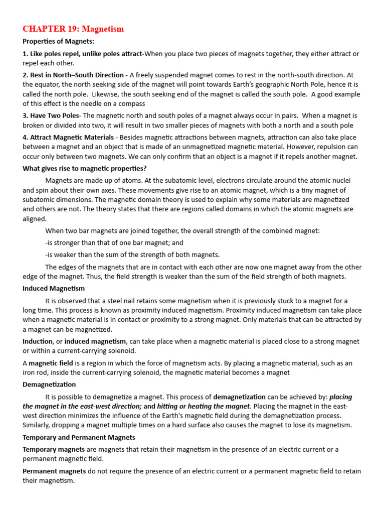 Chapter 19 Notes | PDF | Magnet | Magnetism
