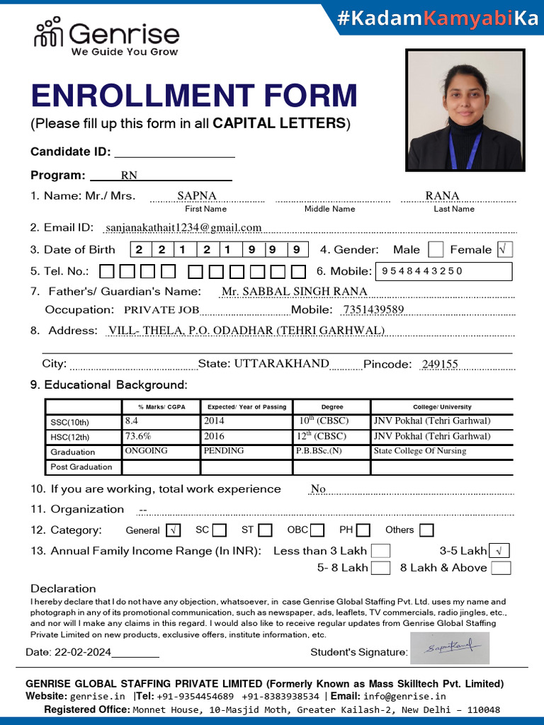 Genrise Enrollment Form Submission | PDF