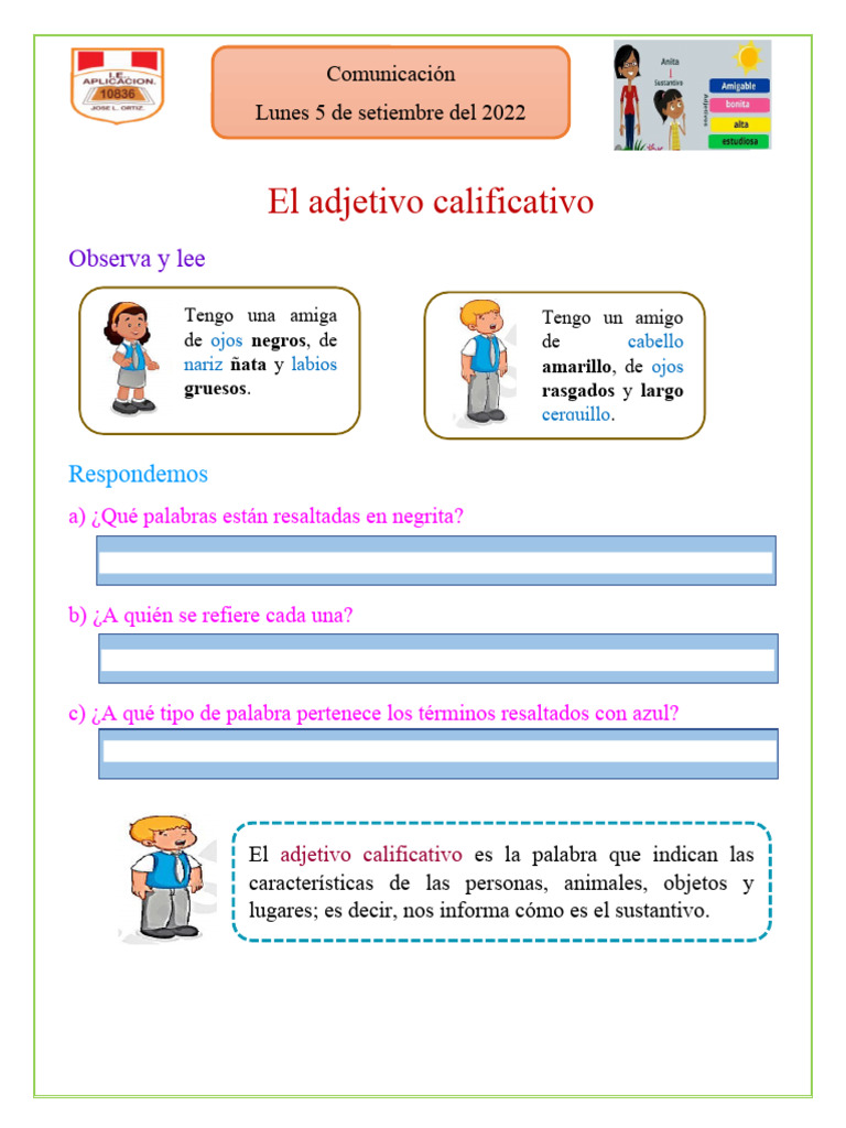 Adjetivos Calificativos Para Niños Pdf Adjetivo