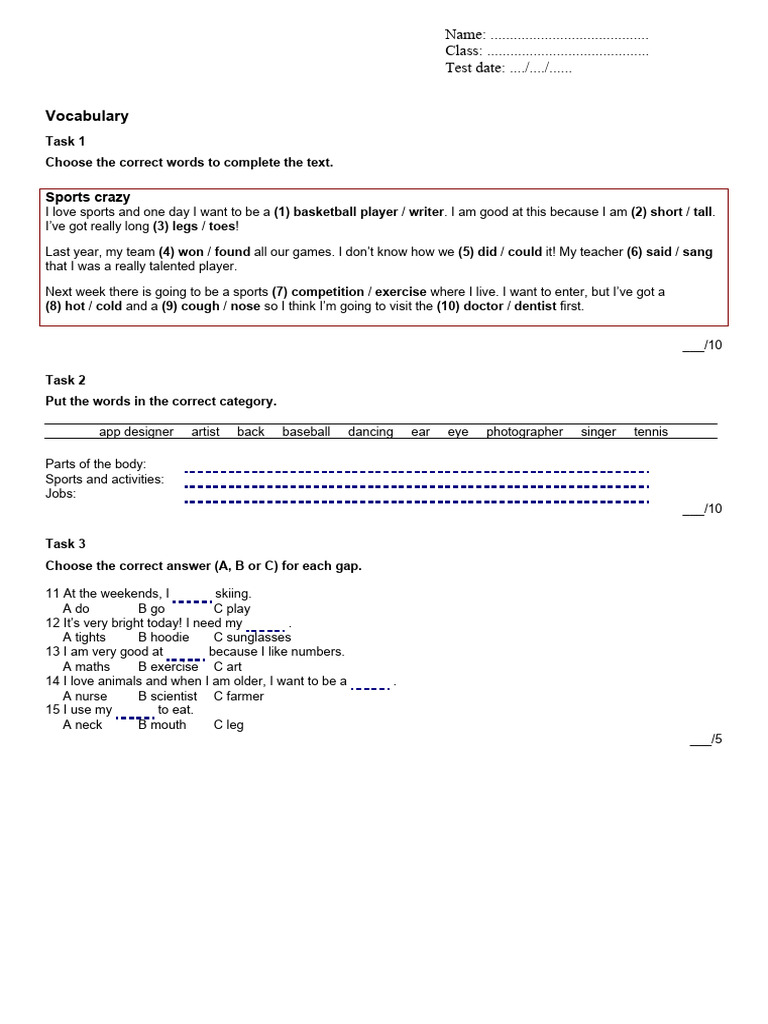 Grade 6 Sports and Vocabulary Test | PDF | Languages | Foreign Language ...