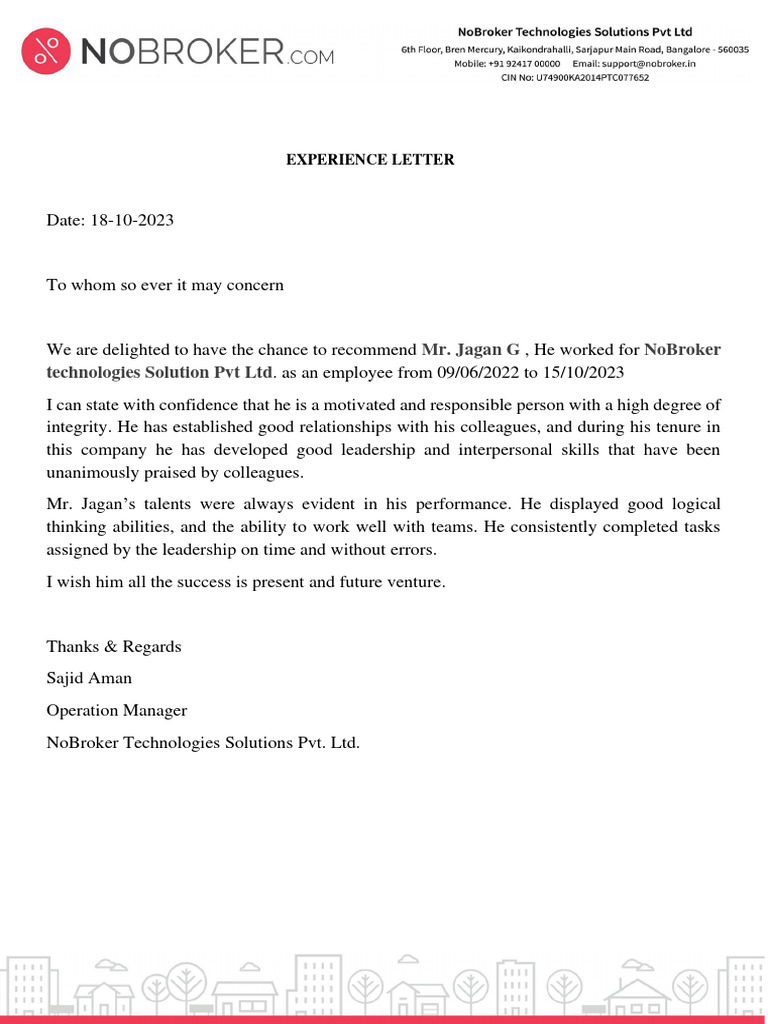 Experience Letter Jagan | PDF | Business
