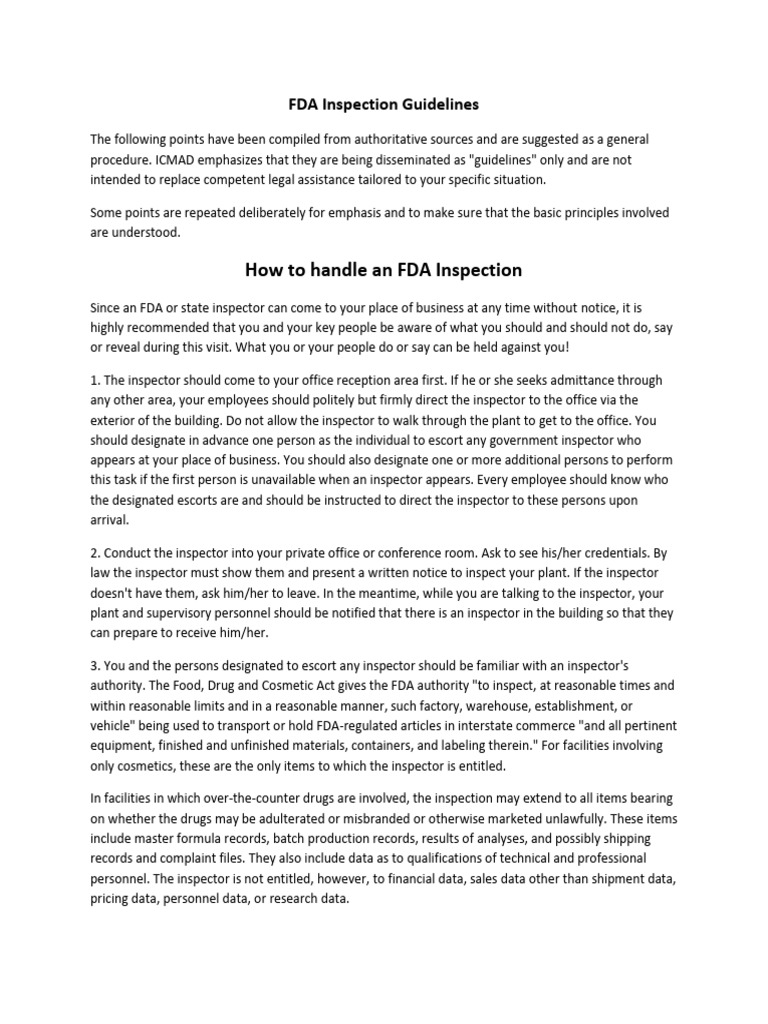 FDA Inspection Guidelines | PDF | Federal Food | Justice FDA Inspection Guidelines | PDF | Federal Food | Justice