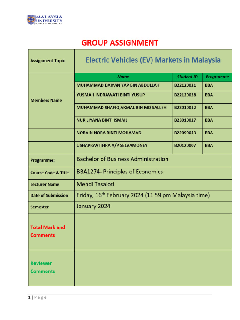 BBA1274 Group 6 Assignment-Cover Page, Topic and Grading Criteria | PDF | Electric Vehicle ...