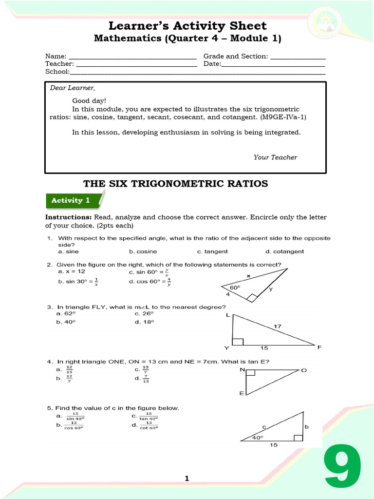 Learner's Activity Sheet: Mathematics (Quarter 4 - Module 1) | PDF | Trigonometric Functions ...