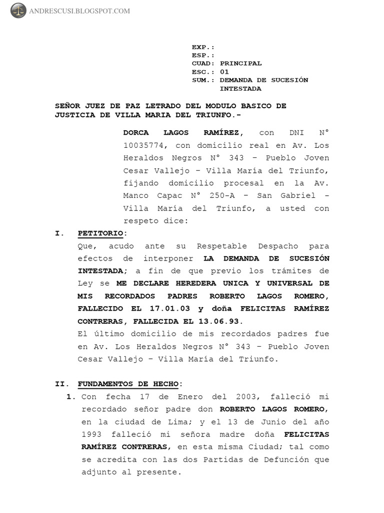 Demanda de Sucesion Intest.e | PDF | Intestacy | Justicia