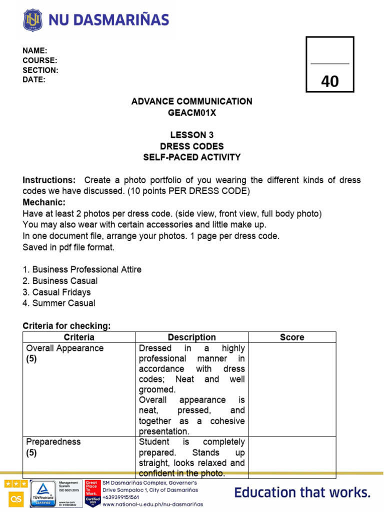 Lesson 3 - Dress Codes - Activity | PDF | Career & Growth