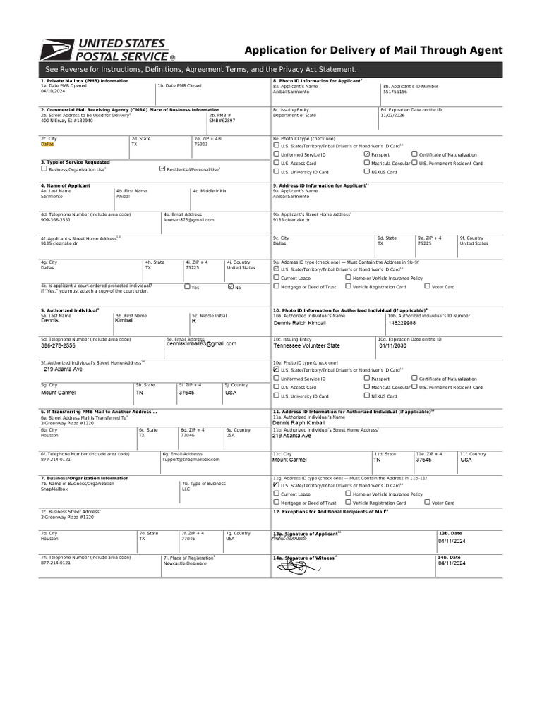 Cmra Form SMB 62897 1 | PDF | United States Postal Service | Identity ...