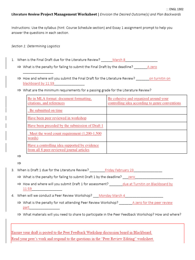 Lit Review Project Management Worksheet 1302 1 | PDF | Essays | Peer Review