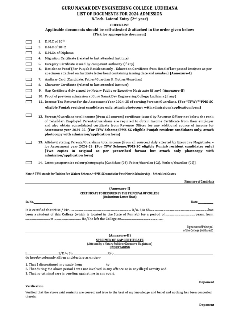 B.Tech Lateral Entry 2024 Admission Checklist | PDF | Notary Public ...