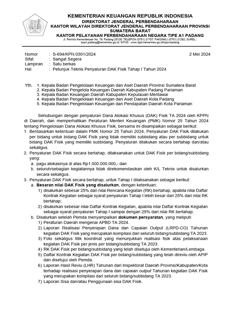 Petunjuk Teknis Penyaluran DAK Fisik Tahap I Tahun 2024 | PDF