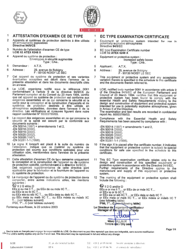 ATX GRP 250VA Transformer ATEX Certificate - LCIE 02 ATEX 6248X | PDF