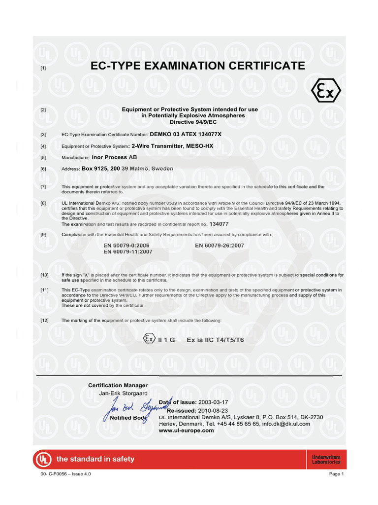 ATEX-Certificate MESO-HX Exi EN | PDF | Electricity | Electrical ...