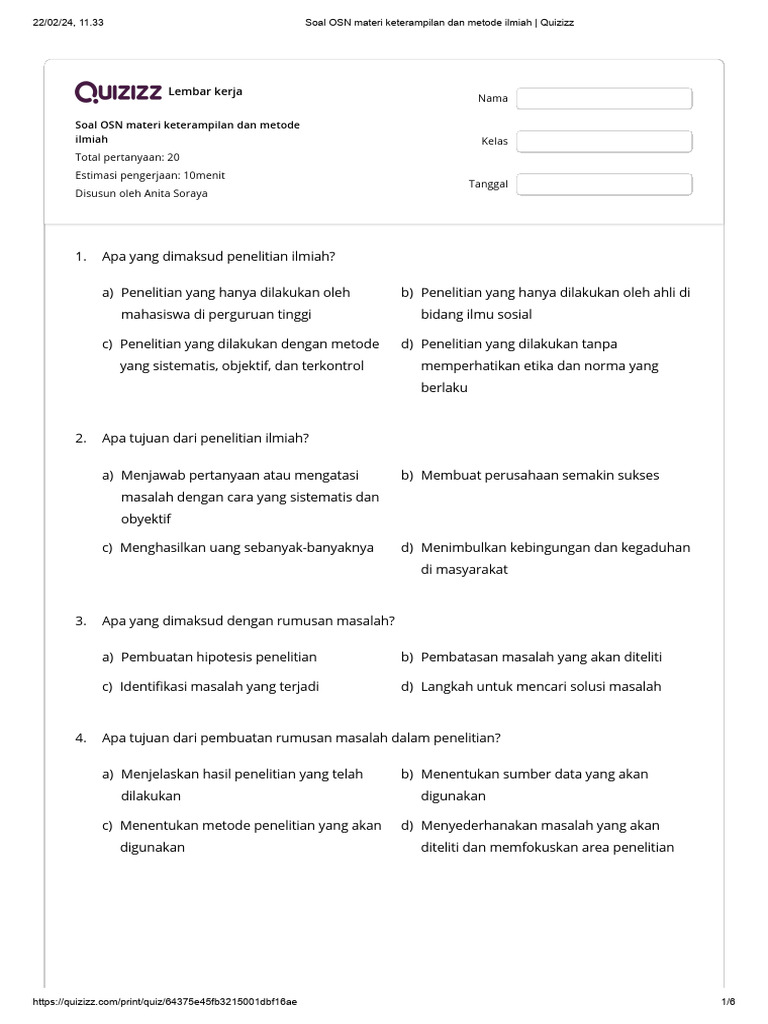 Soal OSN Materi Keterampilan Dan Metode Ilmiah - Quizizz | PDF | Komputer