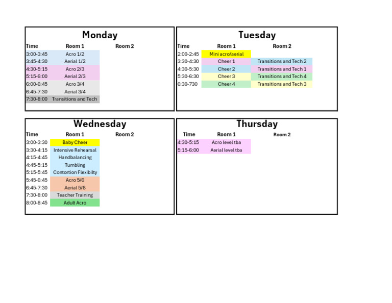 Weekly Acro and Aerial Class Schedule | PDF