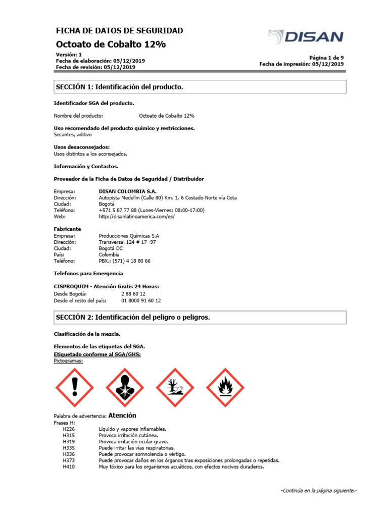 Octoacto de Cobalto 12%-FDS-CO | PDF | Solubilidad | Agua