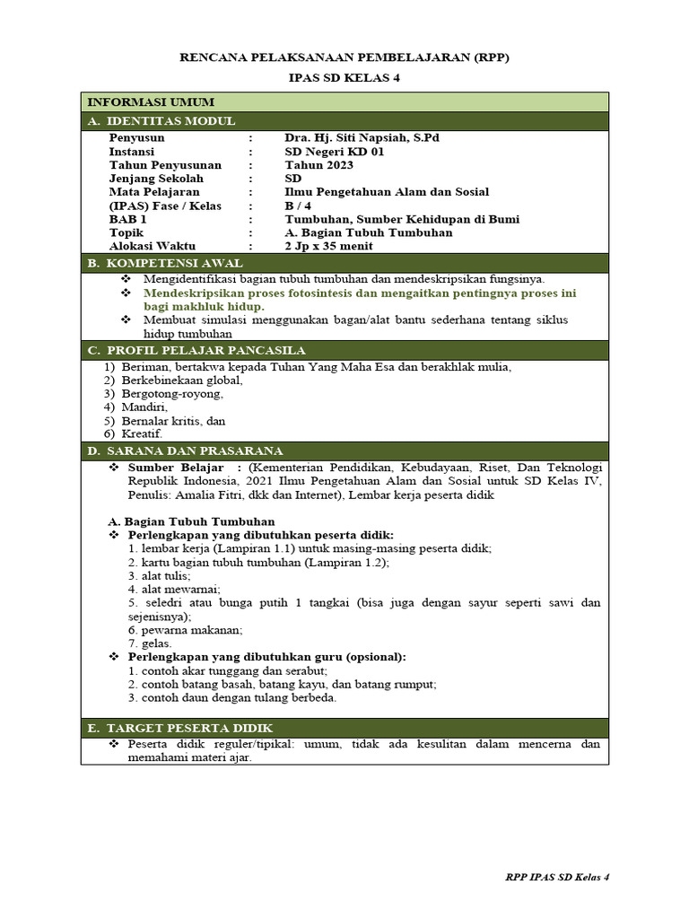 RPP Ipas Kelas 4 | PDF | Kesehatan Holistik