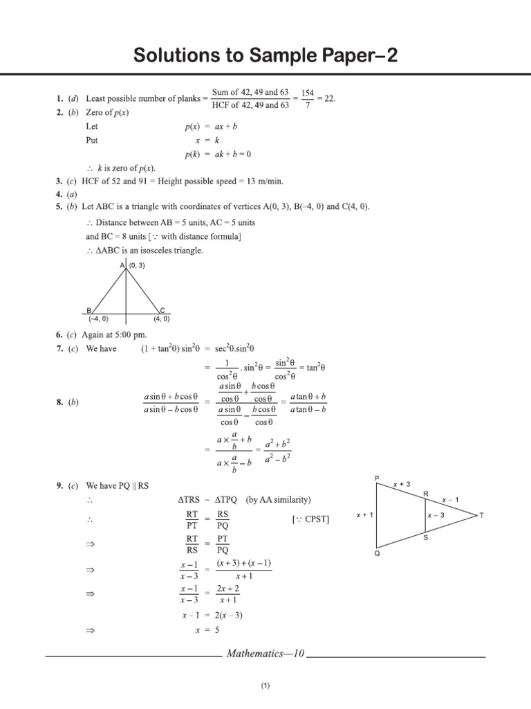 Cbse Cl10 Ead Mathematics Standard Solutions to Sample Paper 2 | PDF