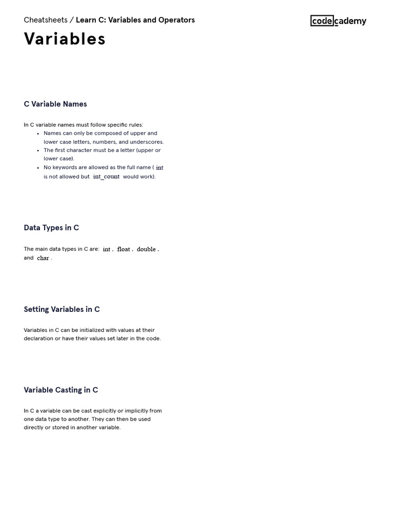 Learn C - Variables and Operators - Variables Cheatsheet - Codecademy ... Learn C - Variables and Operators - Variables Cheatsheet - Codecademy ...