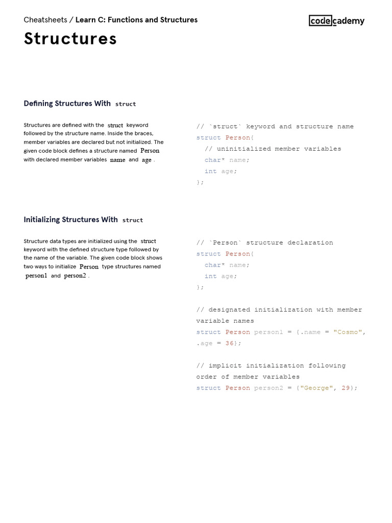 Learn C - Functions and Structures - Structures Cheatsheet - Codecademy | PDF | Pointer ...