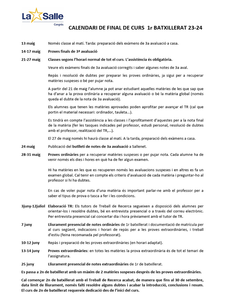 Calendari de Final de Curs 1r Batxillerat Curs 23-24 | PDF
