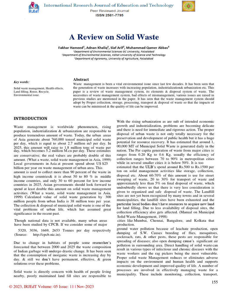 A Review on Solid Waste | PDF | Waste Management | Waste
