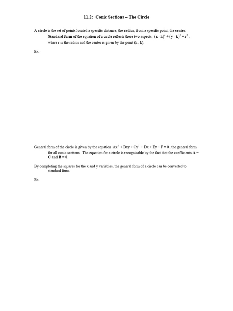 Section 11.2, Conic Sections - The Circle | PDF | Circle | Equations
