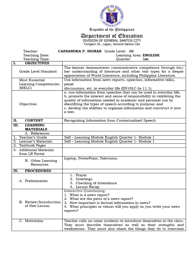 10th Grade English Lesson Plan: Speech Analysis | PDF | Learning | Teachers