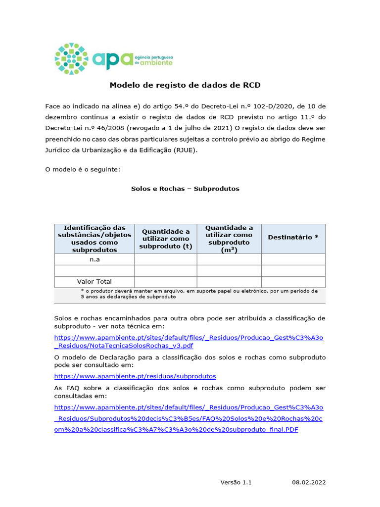 Modelo Registo Dados RCD 1.1 | PDF | Desperdício