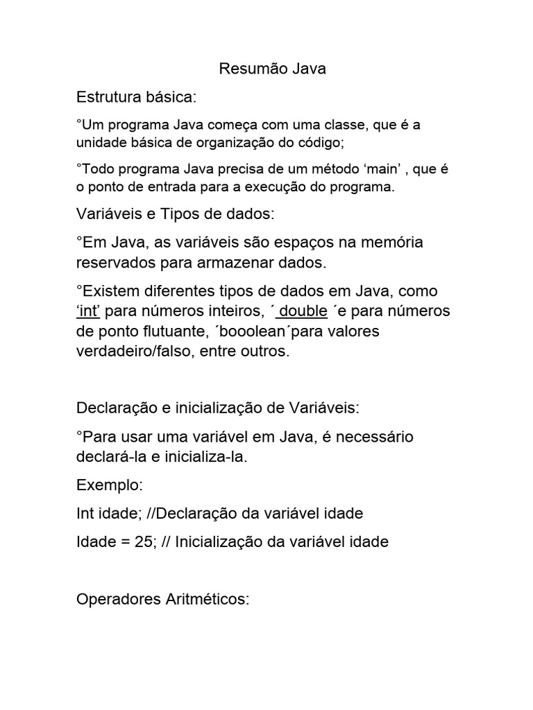 Resumão Java | PDF | Tipo de dados | Controle de fluxo