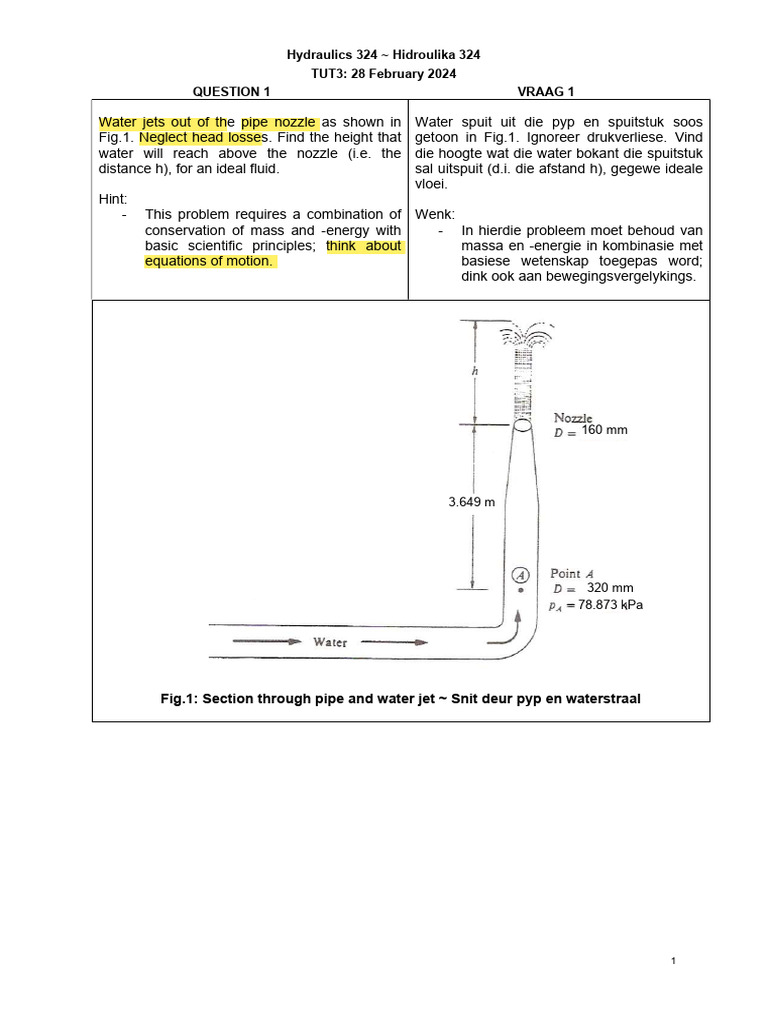 Tutorial 3 - Questions - Hydraulics 324 - 2024 - Sunlearn | PDF | Mechanics | Motion (Physics)