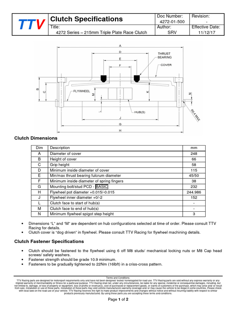 215mm Triple Plate Race Clutch Specs | PDF | Clutch | Screw