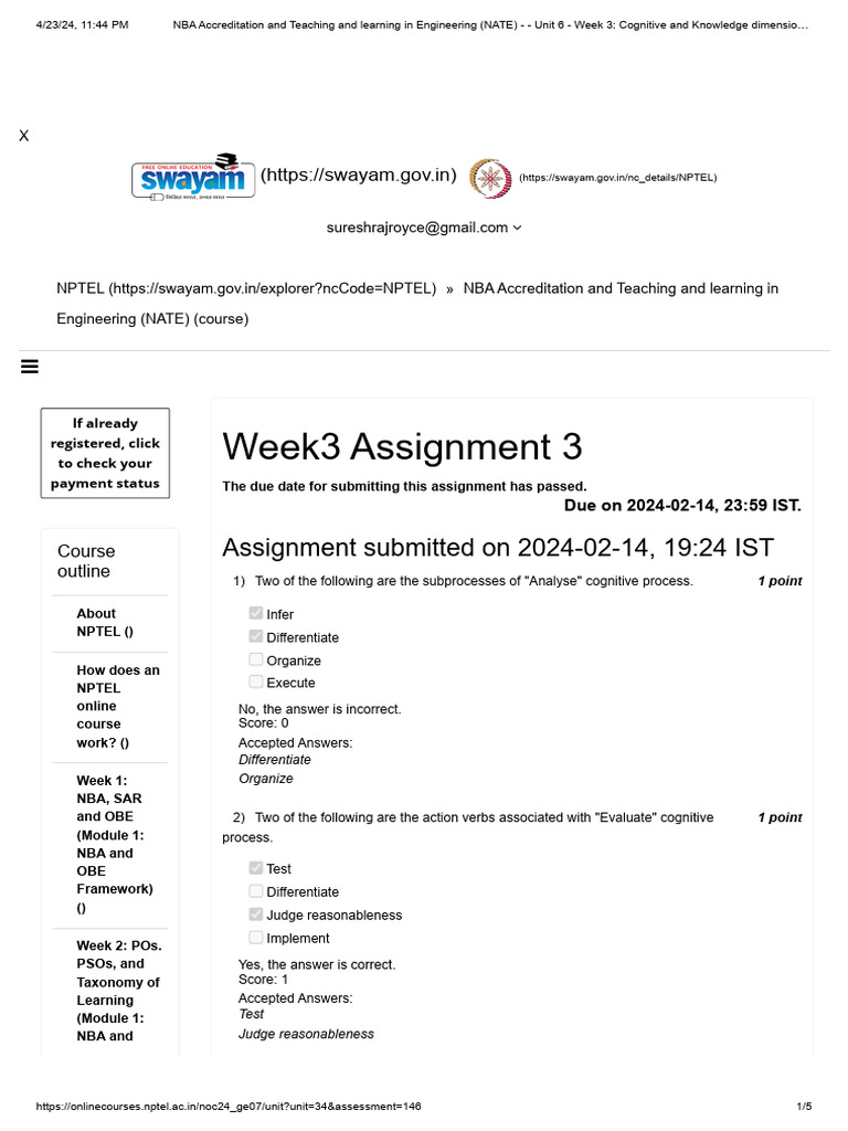 Week3 Assignment 3: Assignment Submitted On 2024-02-14, 19:24 IST | PDF | Metacognition | Knowledge