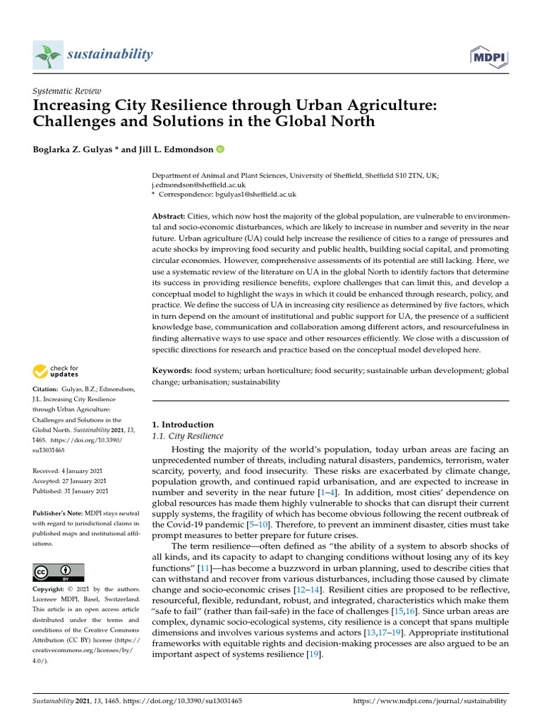 Sustainability 13 01465 v2 | PDF | Ecological Resilience | Urban Agriculture