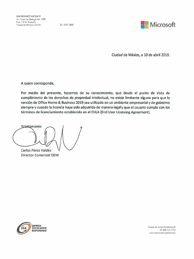 Carta para Gobierno de Comercialización de Office Business Perpetuo ...