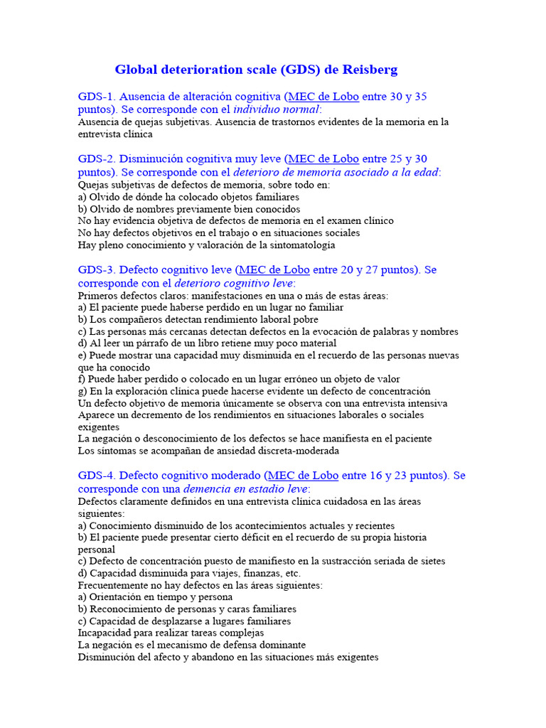 Escala de Deterioro Global (GDS) | Descargar gratis PDF | Memoria | Demencia