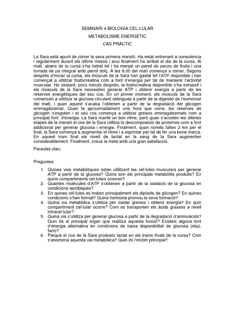 Cas Pràctic Seminari 6 Metabolisme Energètic | PDF