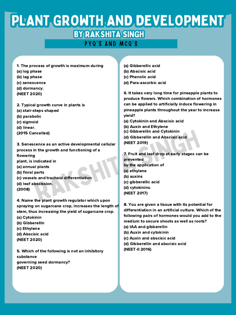 NEET Plant Growth and Development MCQs | PDF | Plant Hormone | Auxin